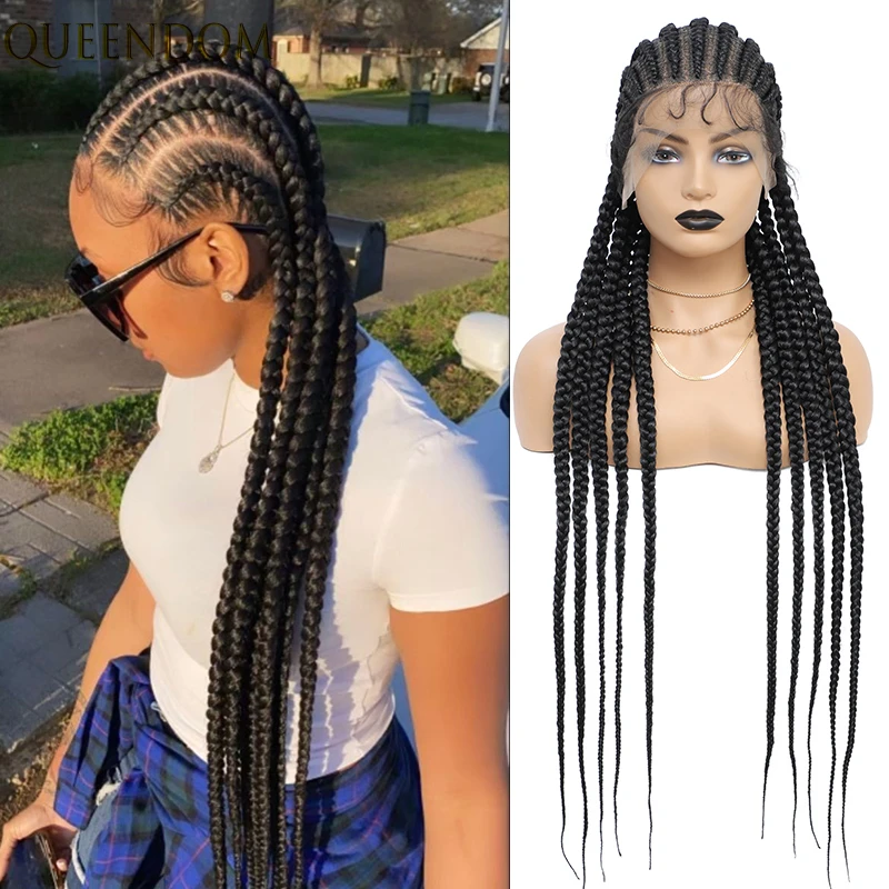 36 Inches Full Lace Box Braided Wig Cornrow Braids Lace Wigs Synthetic ...