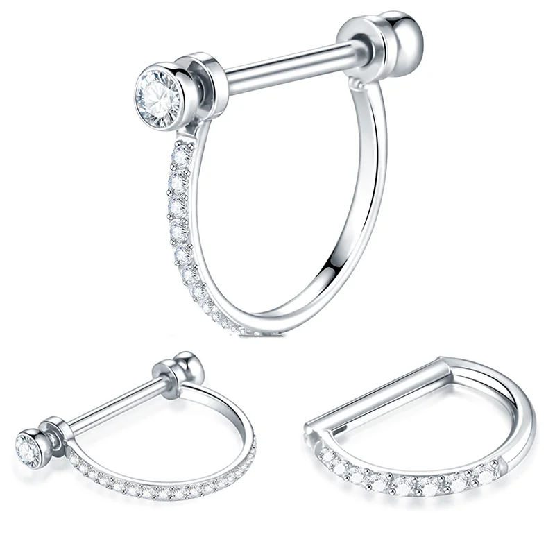 Stainless Steel Piercing Jewelry Nose Ring Half Ring CZ Paved D Shape ...