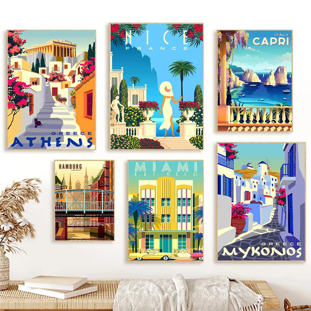 Retro-paisagem-gr-cia-it-lia-alemanha-poster-pintura-em-tela-viagem ...