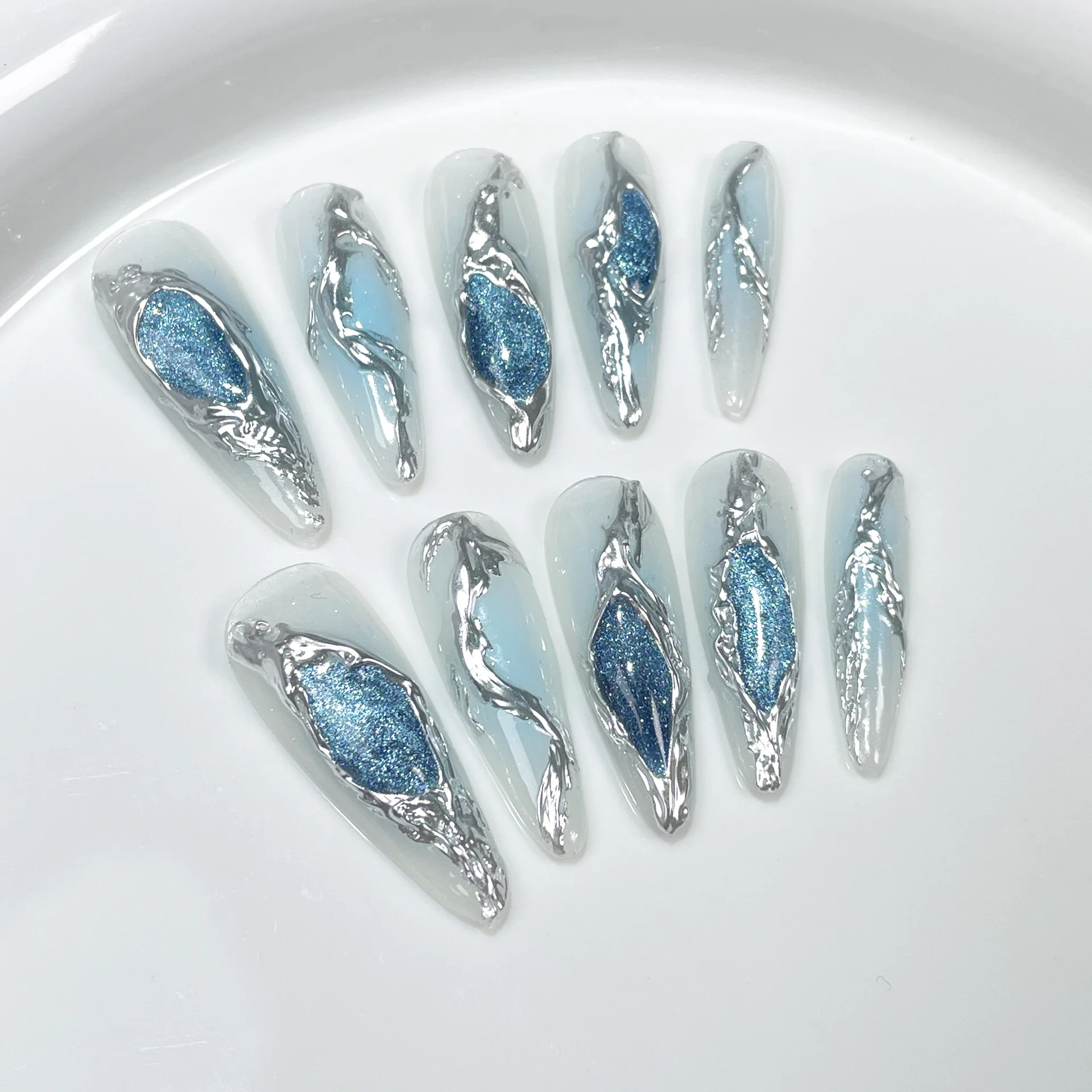 10Pcs-Long-Stiletto-Blue-Fake-Nails-Handmade-Heavy-Metal-Press-on-Nails ...