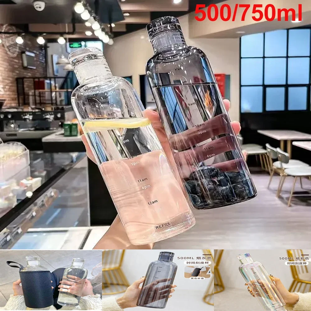 Newest-Transparent-With-Time-Scale-Water-Bottle-Couple-Plastic-Portable ...