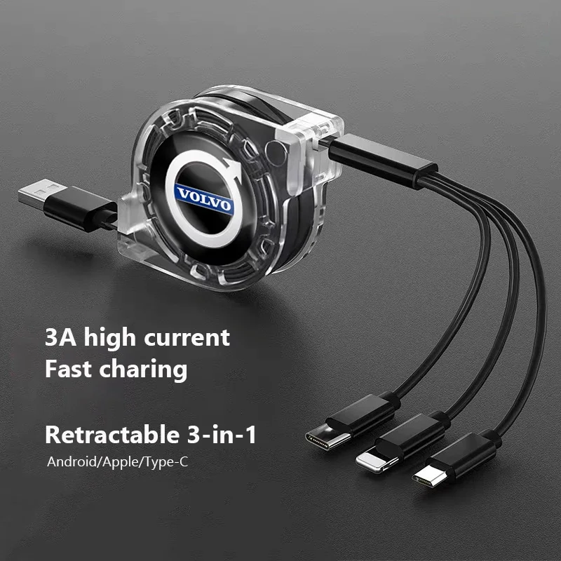 3 In 1 Fast Charger USB Data Cable Car Accessories For Volvo XC90 V90 ...