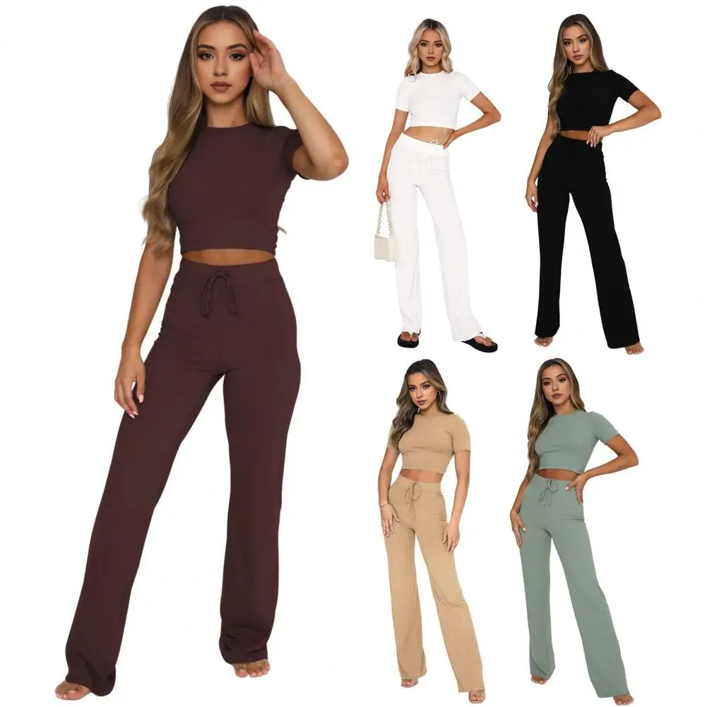 2-Pcs-Thin-Women-Top-Pants-Set-O-Neck-Crop-Top-Wide-Leg-High-Elastic ...