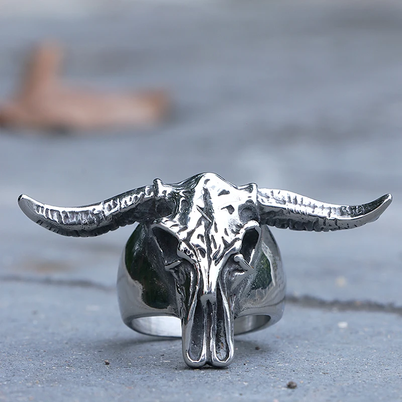 Gothic-Stainless-Steel-Bull-Skull-Ring-Punk-Biker-Men-Bull-Head-Animal ...