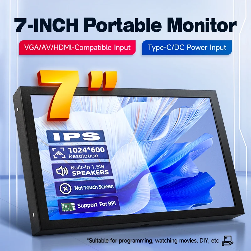 7 Inch Portable Monitor 1024x600 IPS LCD HDMI-compatible VGA AV Input ...