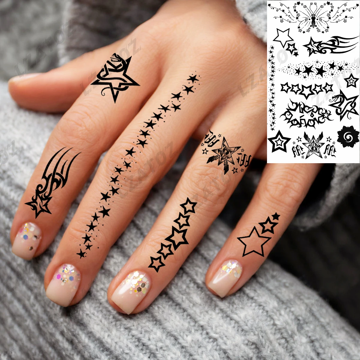 Unique Star Finger Tattoo Stickers For Women Girls Henna Star String ...