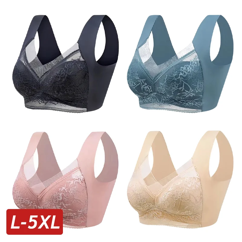 L-5XL Women Large Bra Push Up Ice Silk Seamless upper Bralette Lace ...