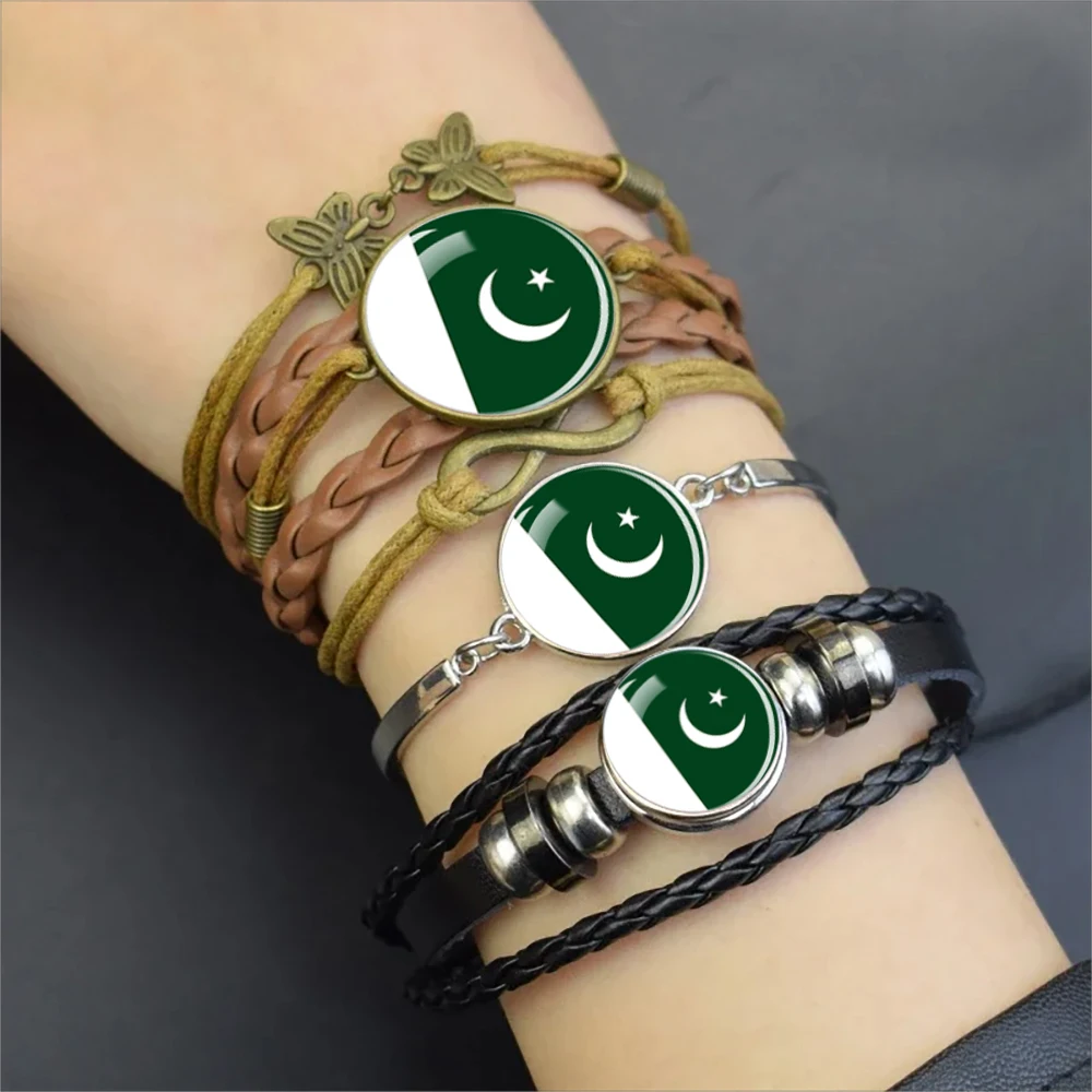 Pakistan-Flag-Bangles-Bracelet-Glass-Dome-Black-Leather-Weave-Bracelets ...