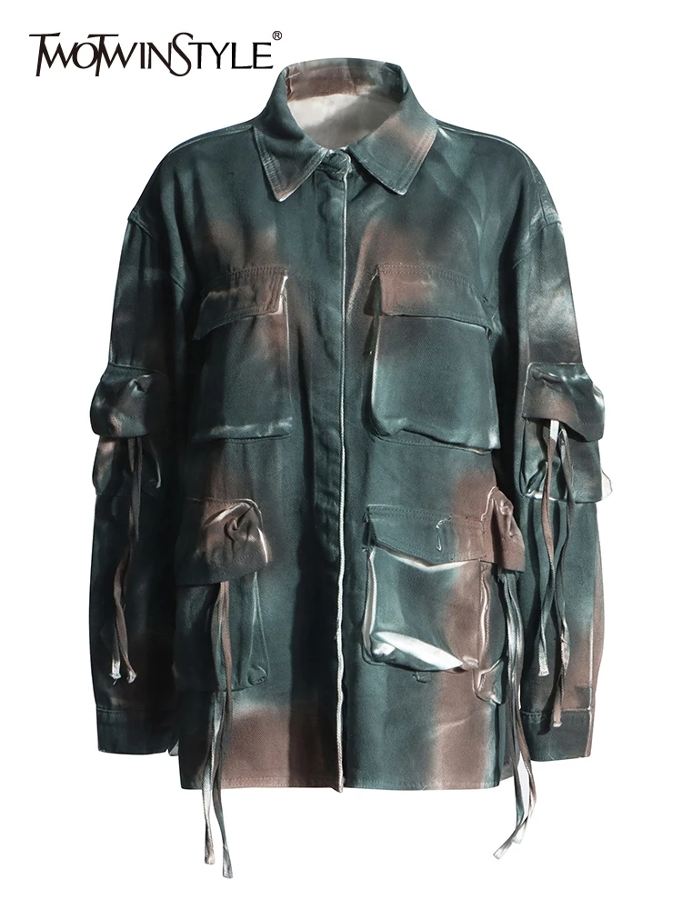 TWOTWINSTYLE-Camouflage-Spliced-Pockets-Denim-Jackets-For-Women-Lapel ...