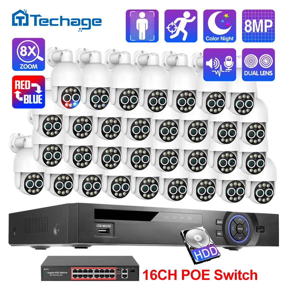 Techage-H-265-8MP-32CH-Dual-Lens-POE-Camera-Kit-Humanoid-Auto-Traking ...
