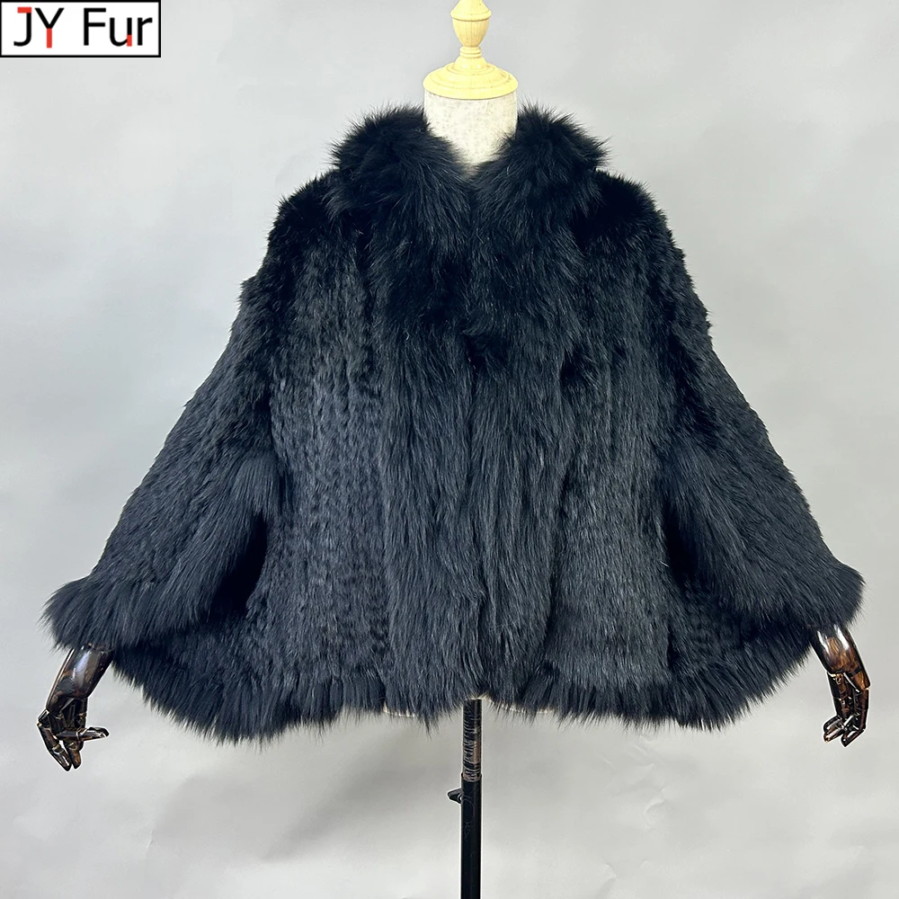 New-Real-Genuine-Natural-Knitted-Rabbit-Fur-Shawl-Coat-With-Fox-Fur ...