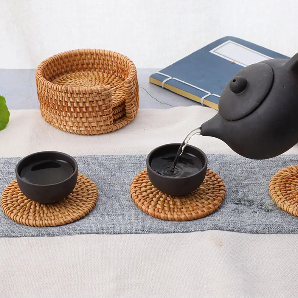 Round-Natural-Rattan-Cup-Mat-Coasters-Hand-Woven-Hot-Insulation ...