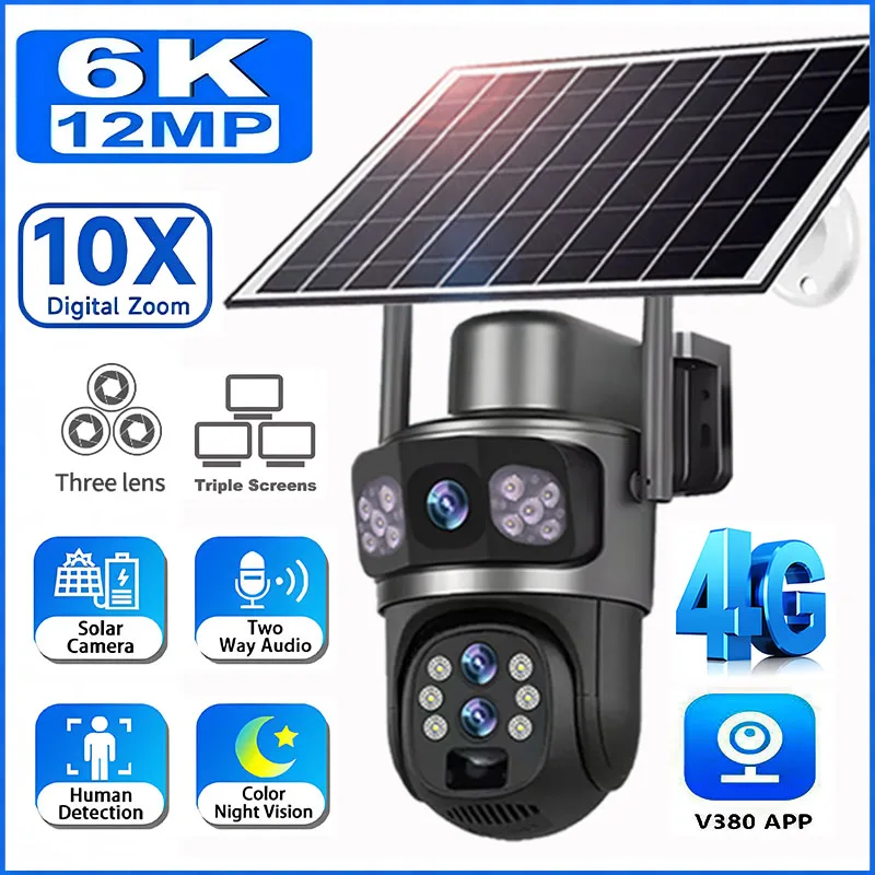 Three Lens 10X Zoom 4G Sim Solar Camera Outdoor 6K 12MP Security ...