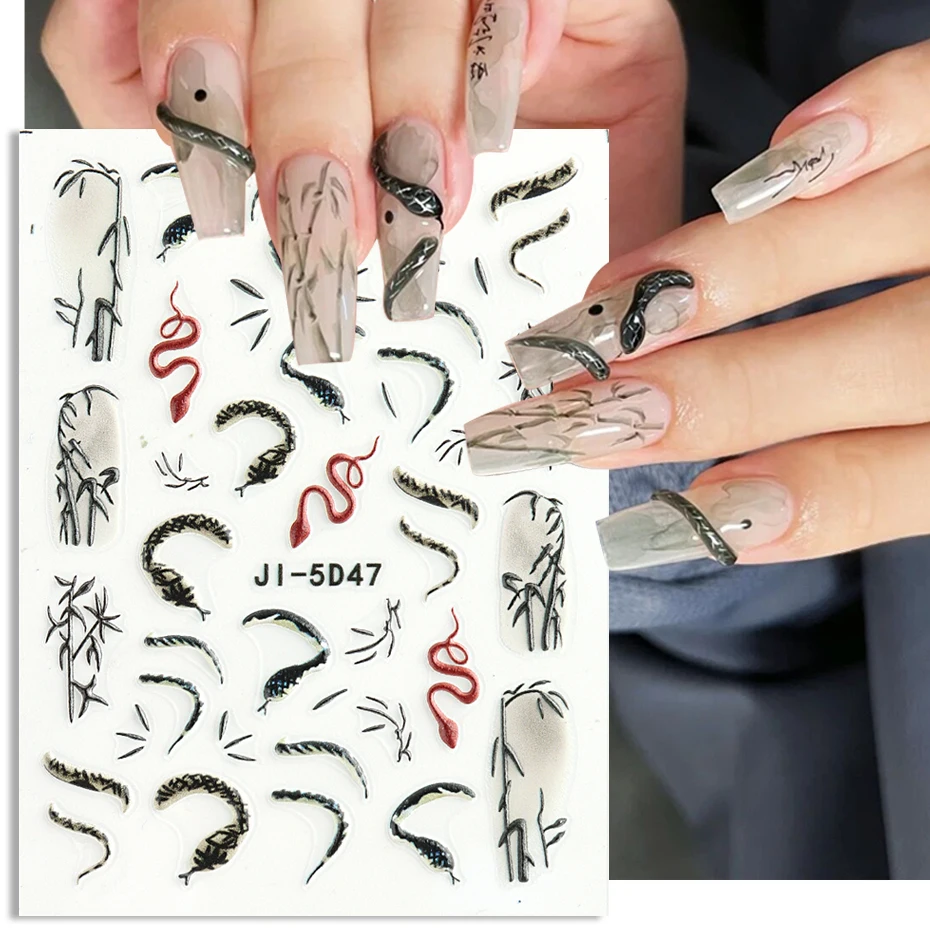 5D-Green-Snake-Chinese-Design-Nail-Sticker-Bamboo-Ink-Painting-Nail-Art ...