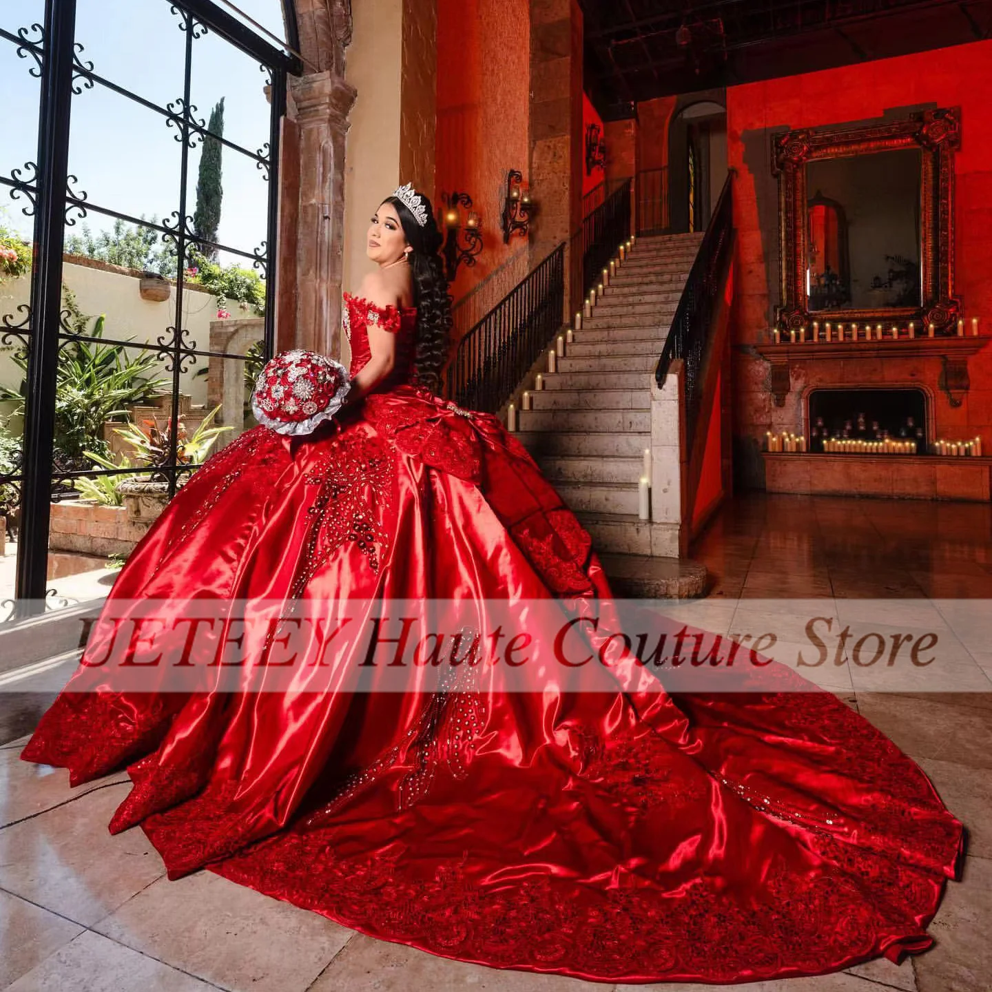 Vestidos-de-quincea-era-rojos-de-lujo-apliques-de-cuentas-lentejuelas-hombros-descubiertos ...