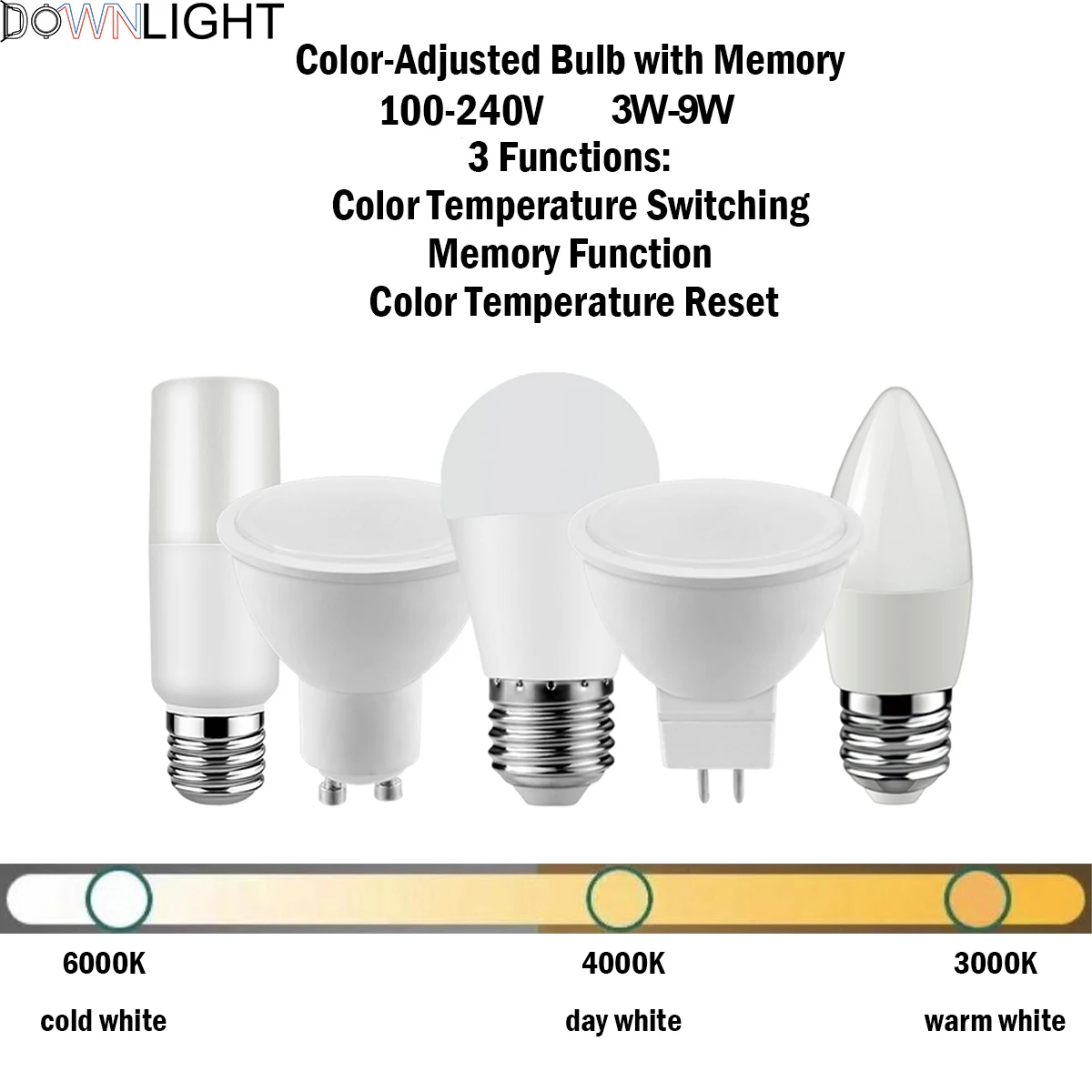 1-10PCSLED Smart 3-tone light 3000K/4000K/6000K with memory CCT AC100 ...