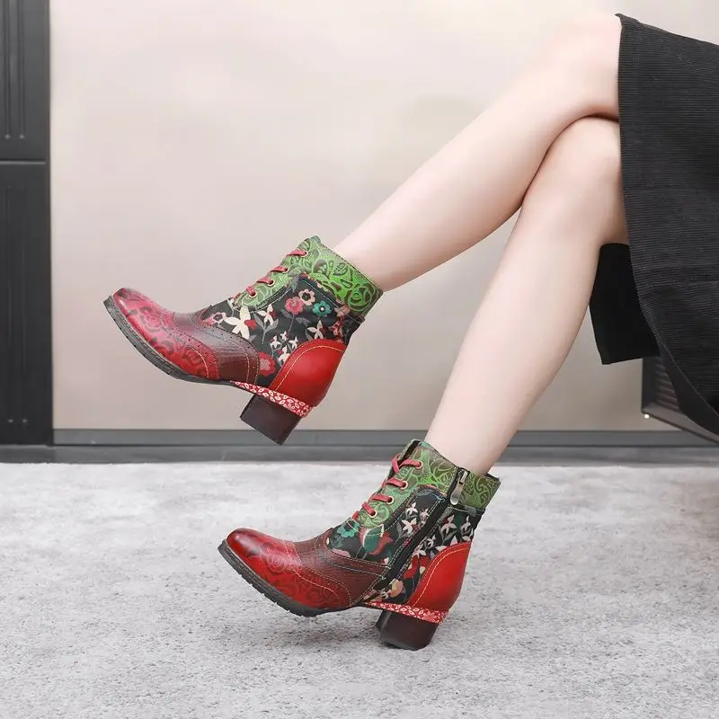 FHC-Botines-cortos-con-flores-en-relieve-para-mujer-zapatos-de-cuero ...