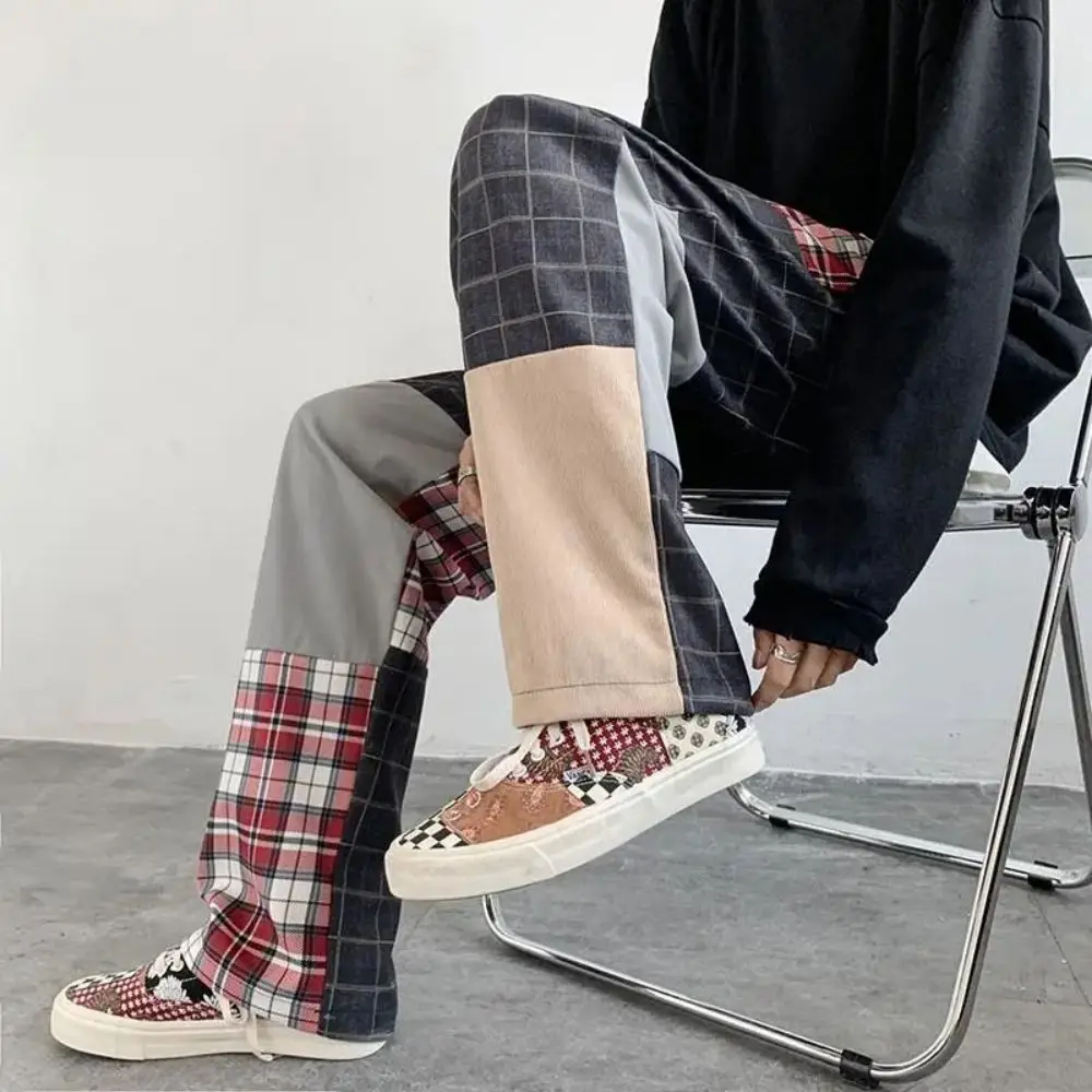 남성용 패치워크 격자 무늬 스트리트웨어 바지 한국 하라주쿠 와이드 레그 바지 색상 대비 드로스트링 느슨한 오버사이즈 힙합