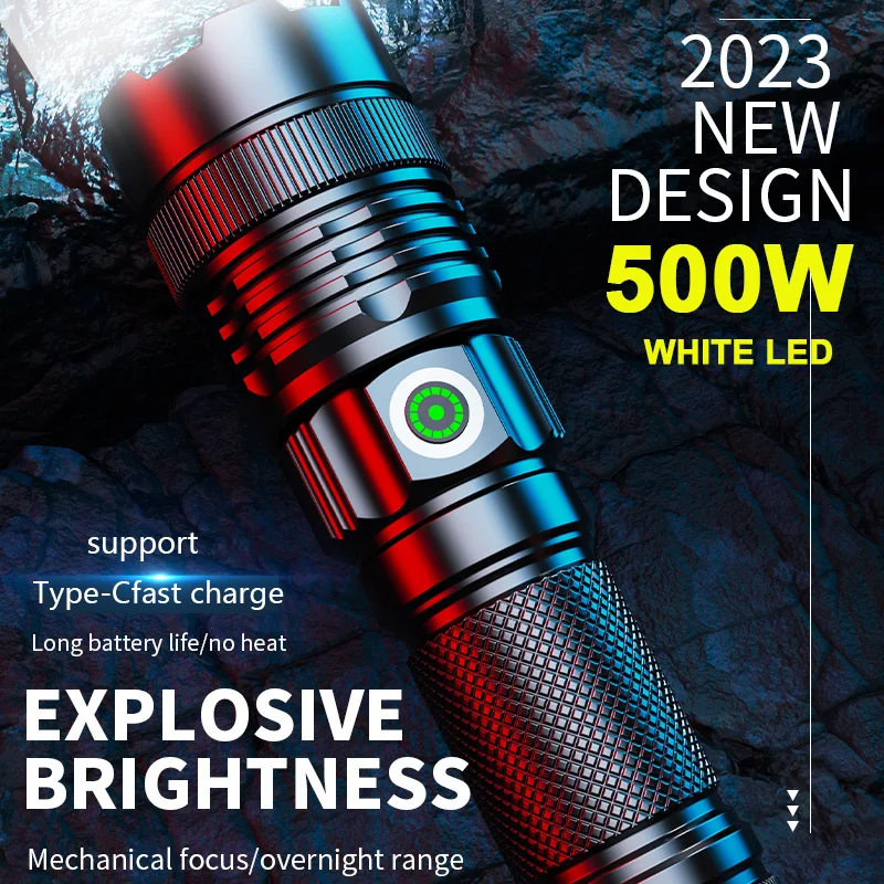 500-Watts-White-Flashlight-LED-Telescopic-Zoom-Aluminum-Torch-Waterprof ...