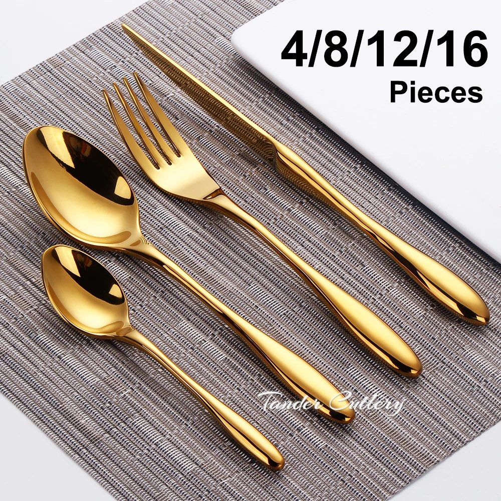 4-8-12-16Pcs-Gold-Cutlery-Set-Stainless-Steel-Tableware-Mirror-Dinner ...