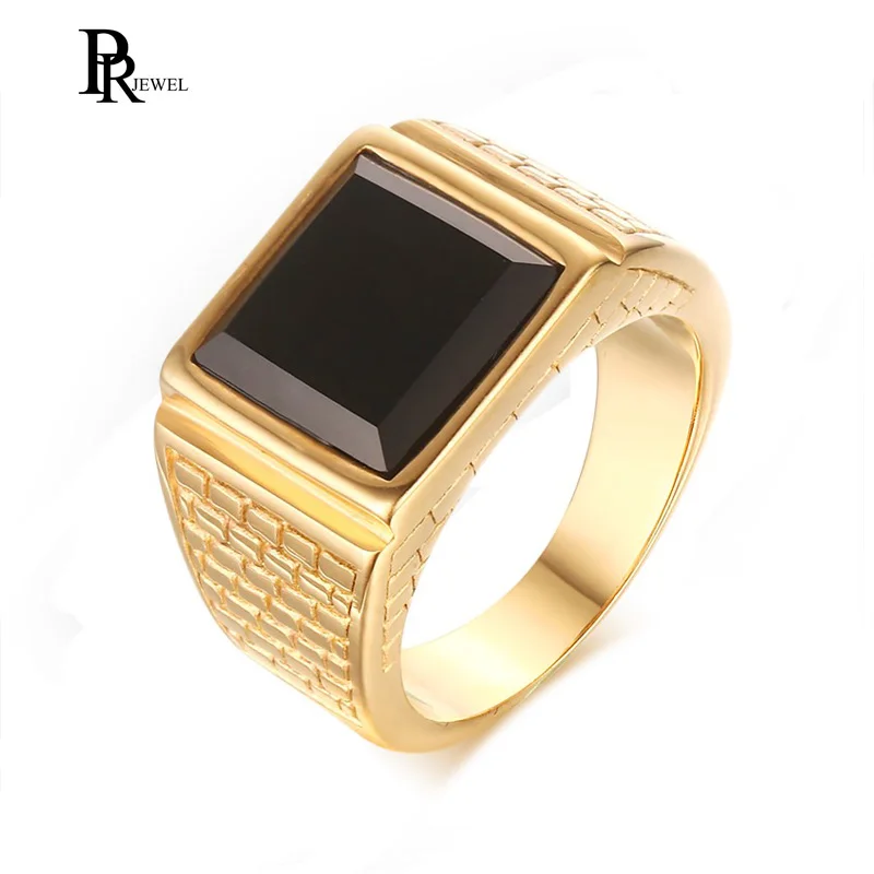 Classic Men's Stainless Steel Black Stone Gold Ring Europe And America ...