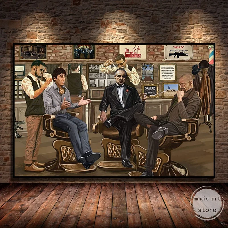 Vintage Movie Gangsters Godfather At The Barbershop Talking Art Poster ...