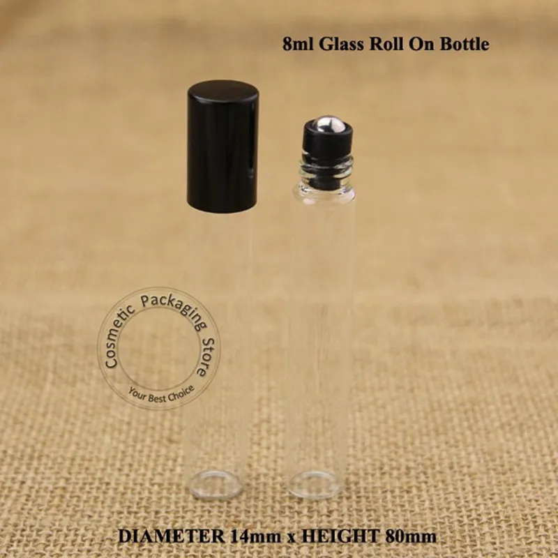 8ml 유리 향수병 빈 화장품 작은 용기 검은 색 뚜껑 리필용 에센셜 오일 포장 도매 100 개묶음packaged