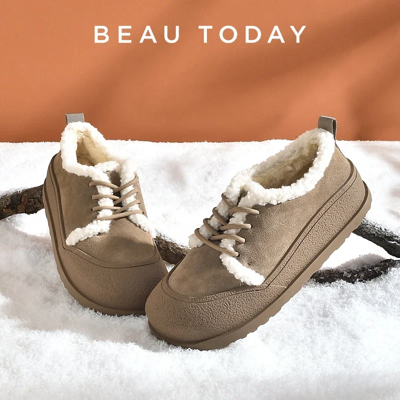 BEAUTODAY Winter Flats Women Cow Suede Patchwork Round Toe Warm Short ...