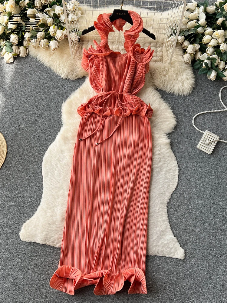 SINGREINY Ruffles Party Long Dress Women Elegant Elastic Slash Neck ...