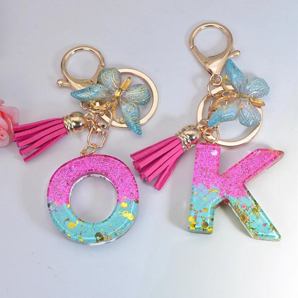 Pink-Blue-Color-Letter-Keychain-Women-Purse-Decor-Resin-Sequin-Initial ...