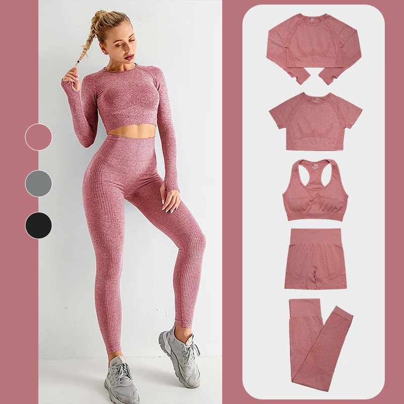 2/5/pcs Seamless Women Yoga Set Workout Sportswear Gym Clothing Fitness Long Sleeve Crop Top ...