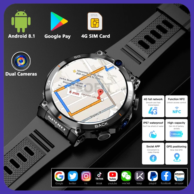 Dual-Cameras-Smartwatch-para-homens-e-mulheres-rede-4G-GPS-NFC-Wi-Fi ...