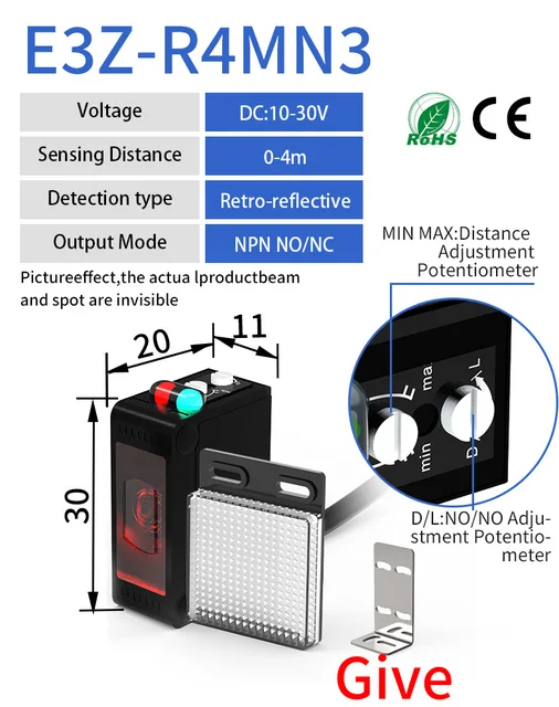 Gtric E3Z-B61光電センサーレトロ反射検知距離4mnpn PNP10-30VDCブラケット付きスクエアフォトスイッチ