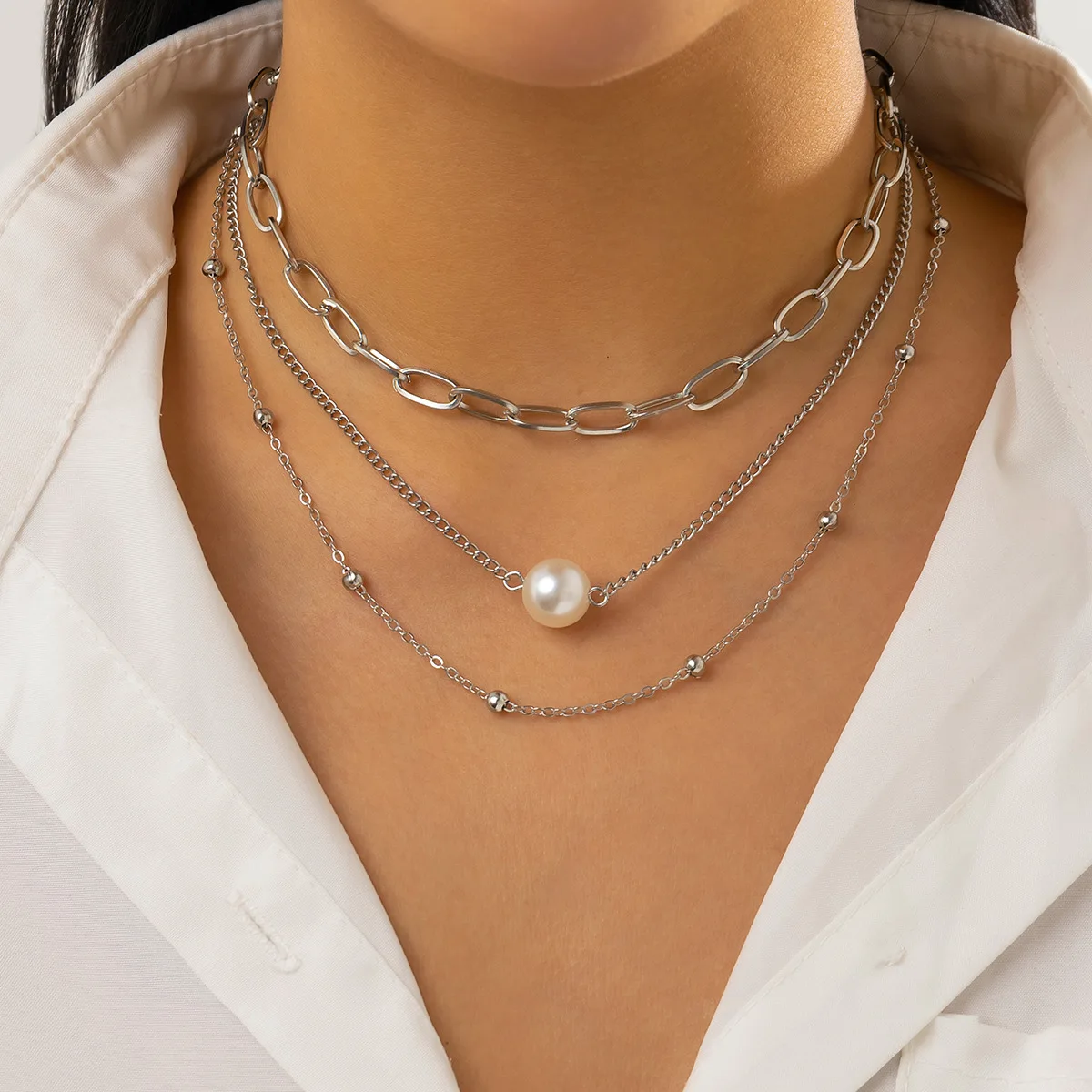 French multi layer chain imitation pearl necklace, simple and small ...