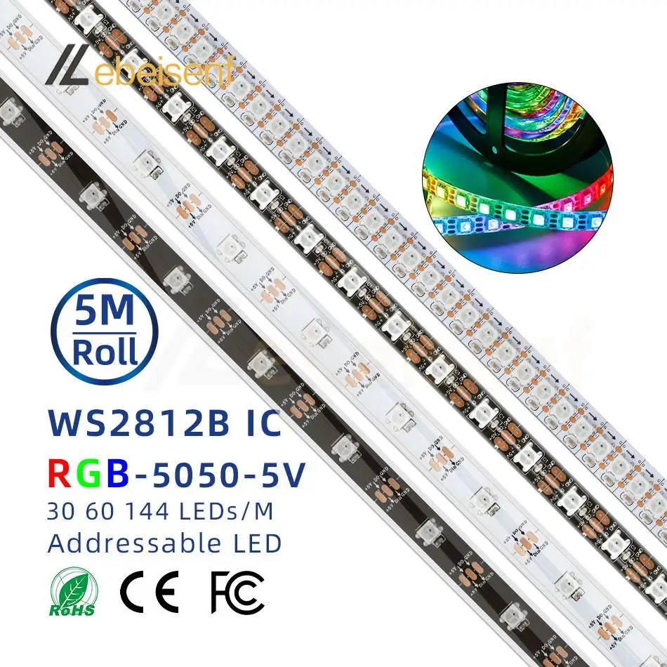 5m WS2812B LED Strip DC 5V 30 60 144 LEDs/M RGB IC Individually Addressable IP30 65 67 Flexible ...