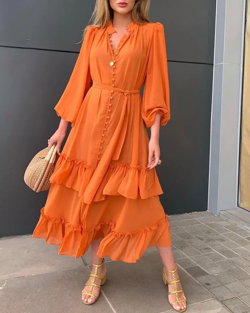Orange-Ruffles-Midi-Dress-for-Women-Lantern-Sleeve-Button-Solid-Dress ...