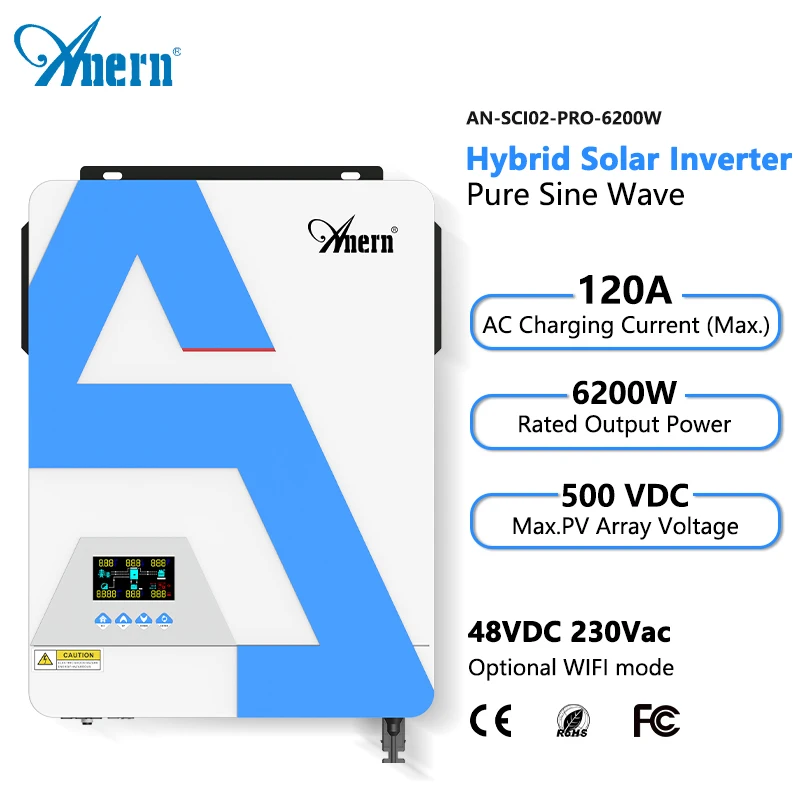 Anern 6.2kw Pure Sine Wave Hybrid Solar Inverter 48v 220v Built-in Mppt 120a Solar Charge ...