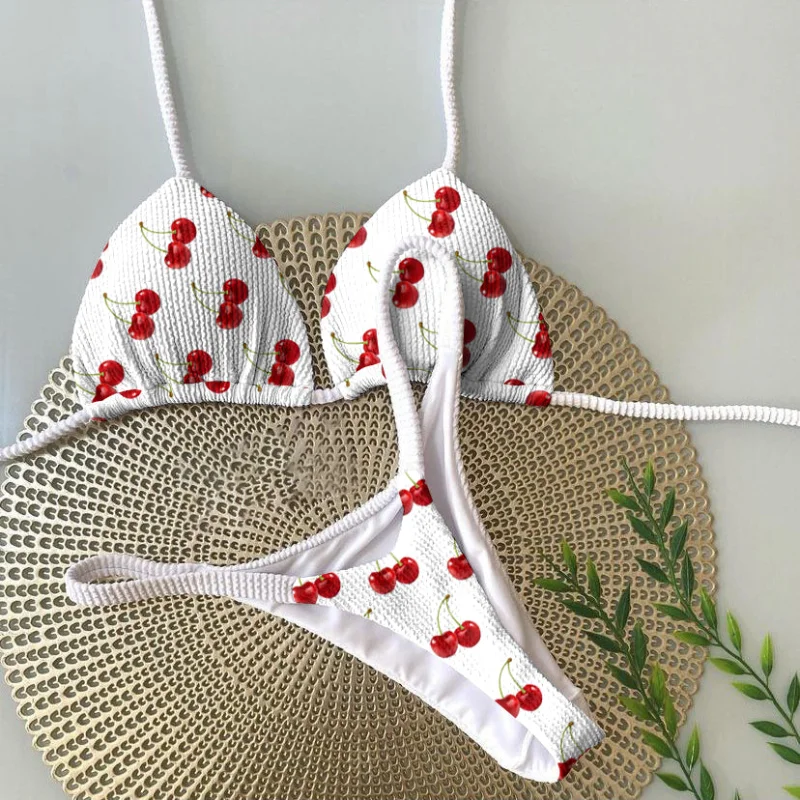 Qinjoyer Cherry Print Swimwear Women Bikini Brazilian Thong Swimsuit