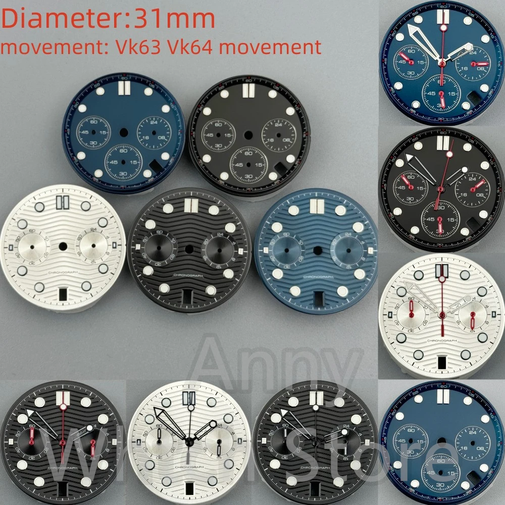 31mm Vk63 Vk64 Chronograph Watch Dial With Hands Green Luminous 4 Hour ...