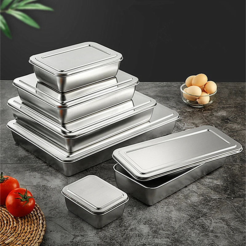 Thicken Stainless Steel Serving Tray with Lid Rectangle Metal Food ...