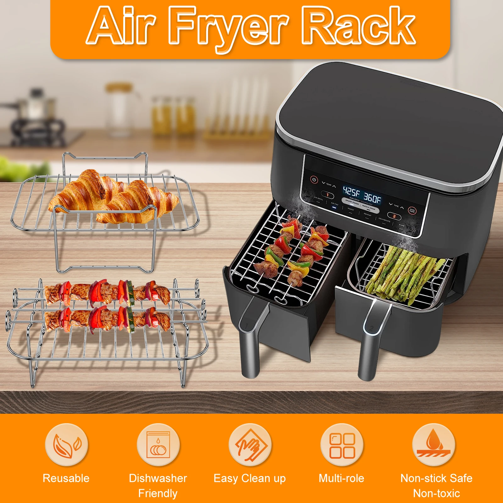 2Pcs-Air-Fryer-Rack-for-Double-Basket-Air-Fryers-304-Stainless-Steel ...