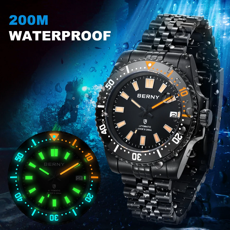 BERNY 남성용 자동 다이빙 시계, 세이코 NH35 슈퍼 루미너스 사파이어, 스포츠 기계식 자동 셀프 와인드 손목시계, 20ATM| | - AliExpress