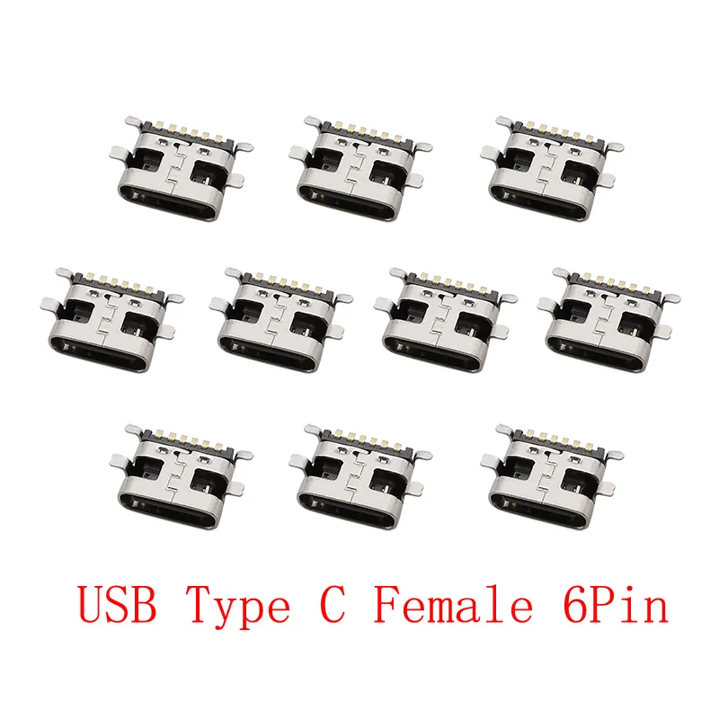 10Pcs-USB-Type-C-Female-Jack-6-Pin-Solder-Connectors-SMD-Type-C-Socket ...