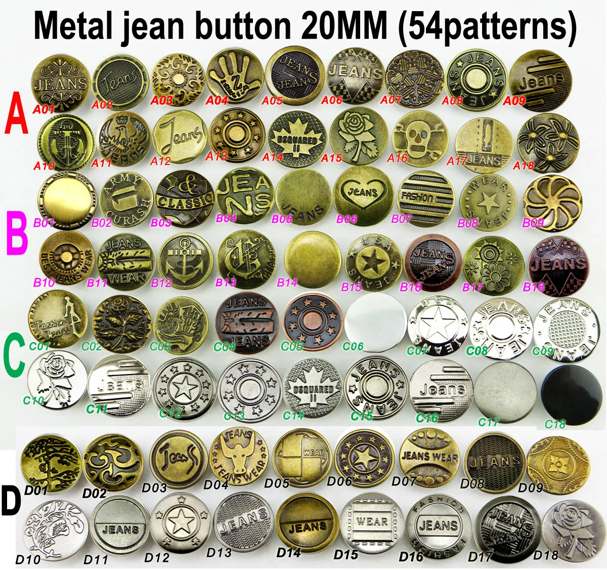 30PCS-20MM-54pattern-Design-Metal-Jeans-Button-Garment-Fit-Round ...