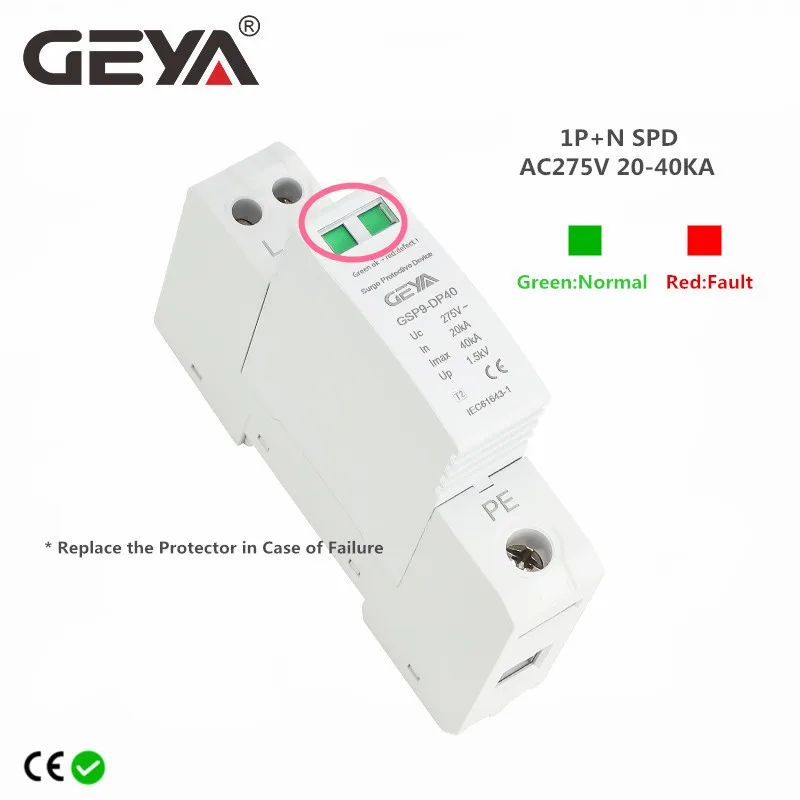 GEYA GSP9 1P+N 18mm SPD 20~40KA Surge Protector Lightning Protection ...