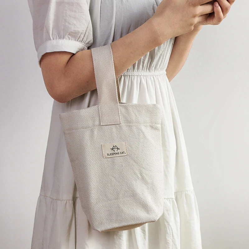 Portable Canvas Mini Handbag Eco-friendly Casual Tote Bucket Bag Women ...