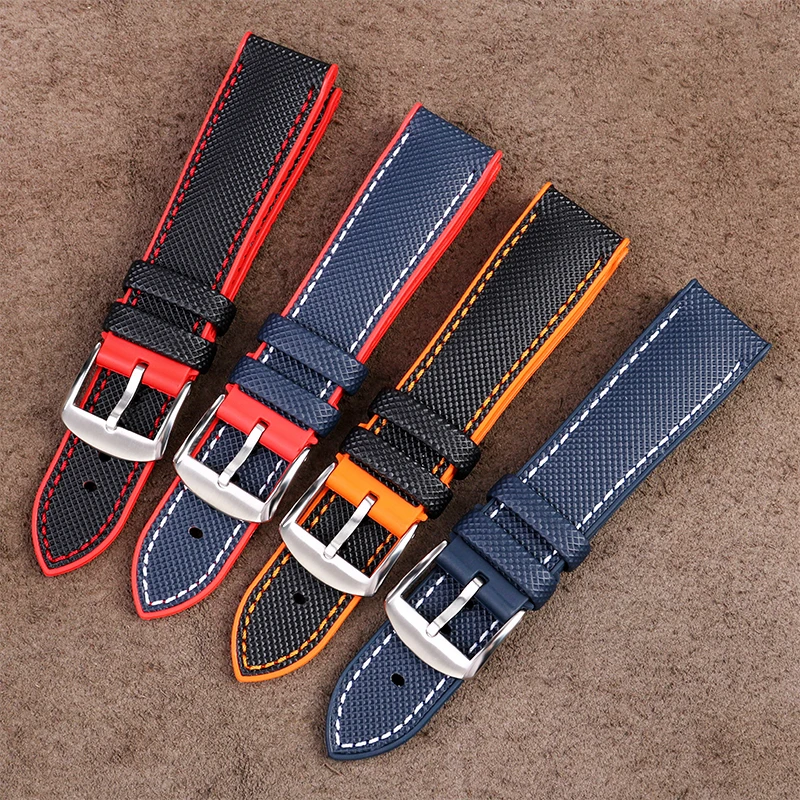 Enhanced Hybrid Fluoro Rubber Canvas Nylon Watch Strap for 22mm (Red ...