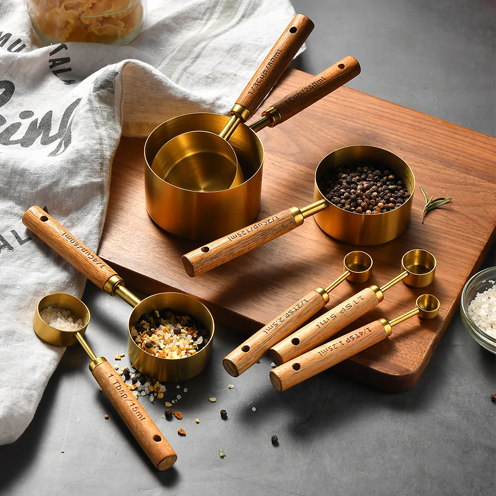Measuring Spoon Set Wooden Handle Stainless Steel Measuring Cups Spoons ...