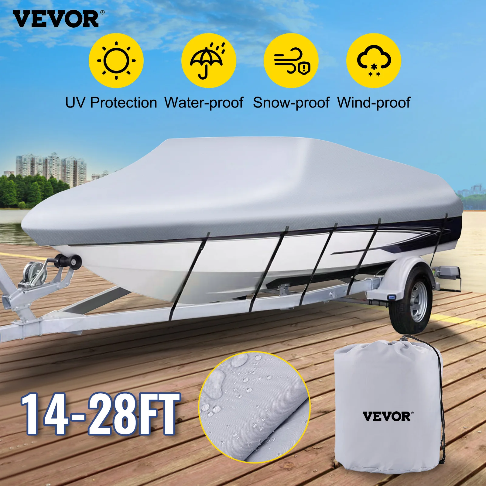 VEVOR 14 28 FT V Hull Boat Cover 600D 3 Layer Oxford Fabric All Season ...