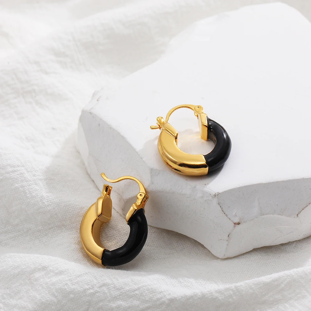France Style Vintage Enamel Black Small Hoop Earrings for Women Gold ...